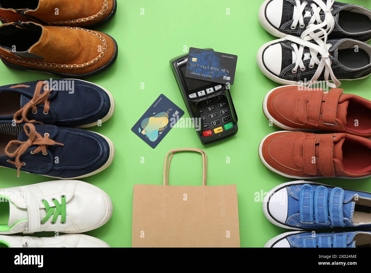 Composition with different child's shoes, payment terminal and credit ...