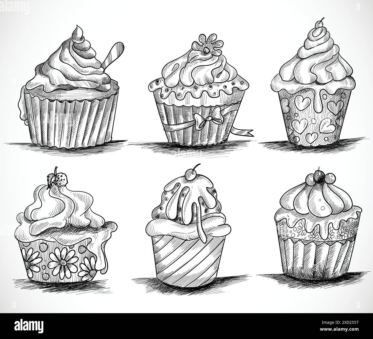 Hand draw decorative cup cakes set sketch design Stock Vector Image ...