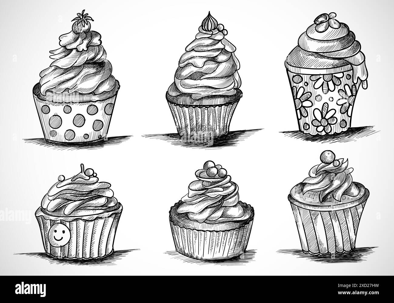 Hand draw decorative cup cakes set sketch design Stock Vector Image ...