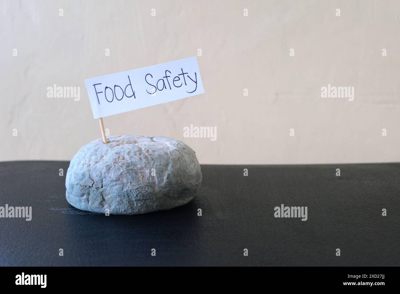 Closeup of a rotten moldy hamburger bun bread with Food safety label ...