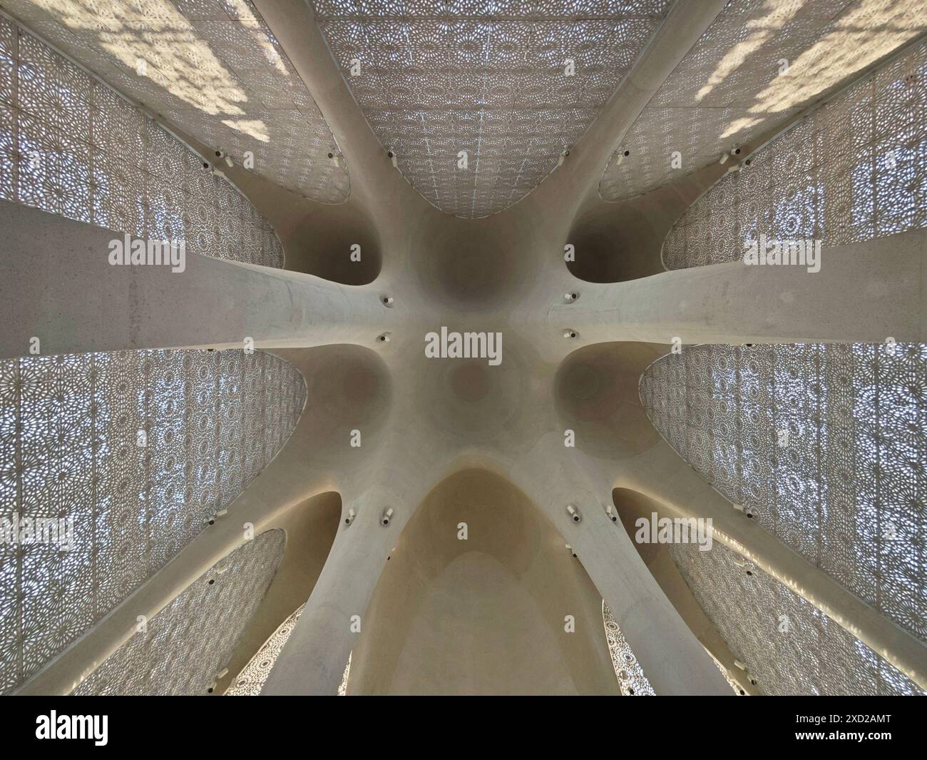 A detailed view of an intricately designed architectural ceiling with ...