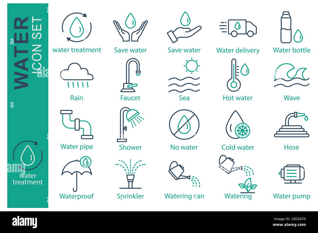 Water icon set. water treatment, save water, water bottle and more ...
