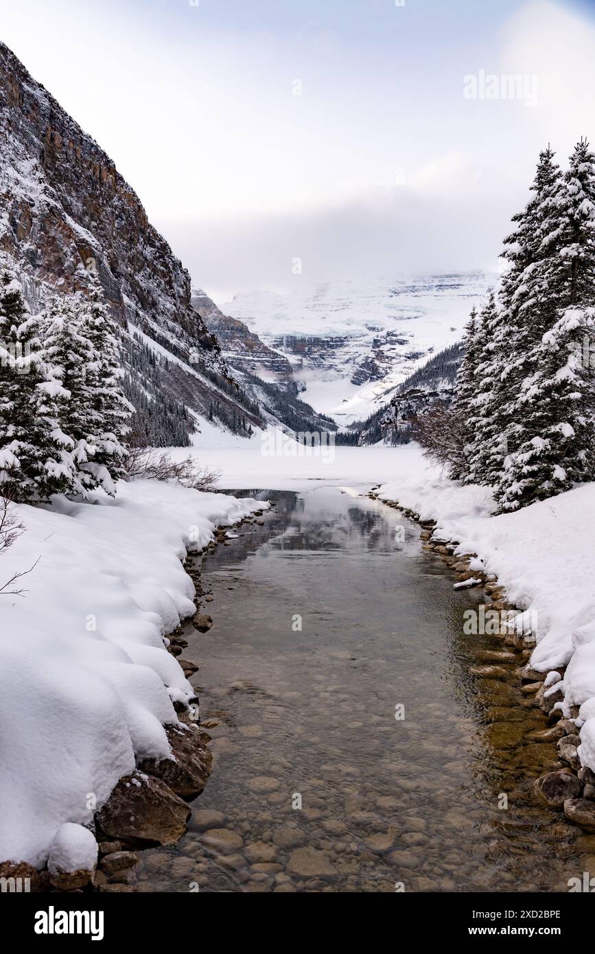 Incredible Lake Louise in winter with frozen, white landscape below the ...
