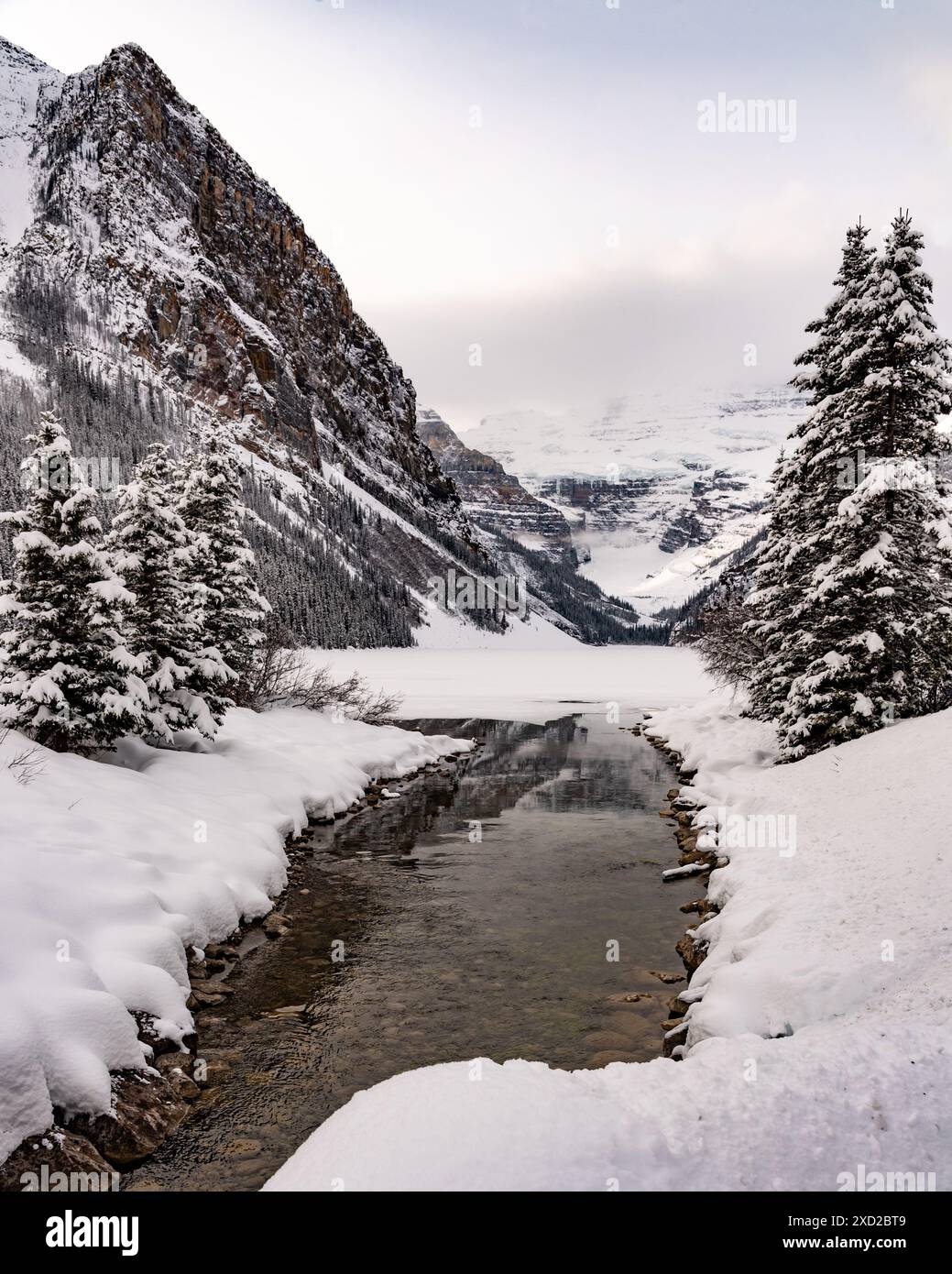 Incredible Lake Louise in winter with frozen, white landscape below the ...