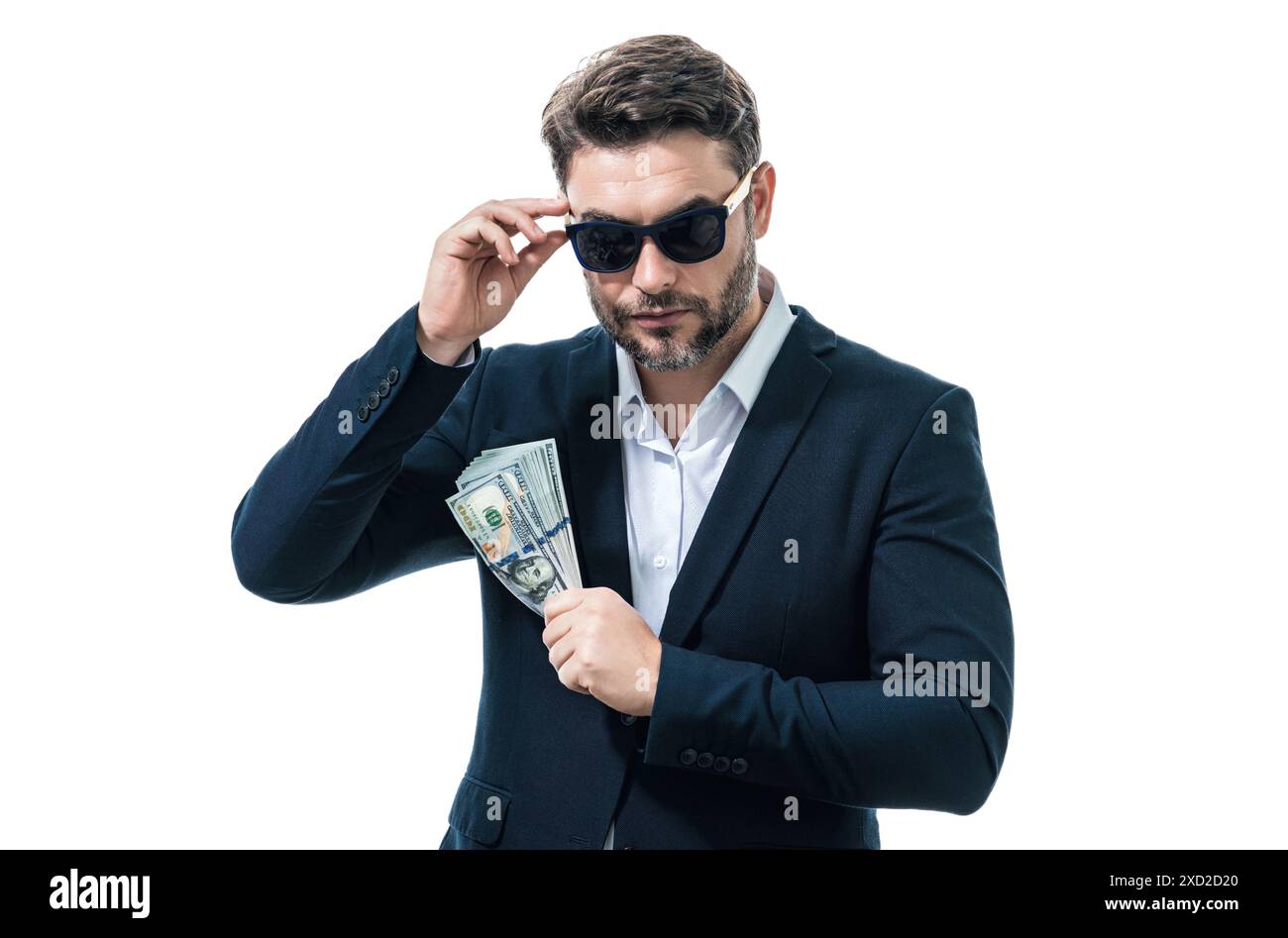 Man with money cash. Dollar banknotes. Portrait of businessman holding ...