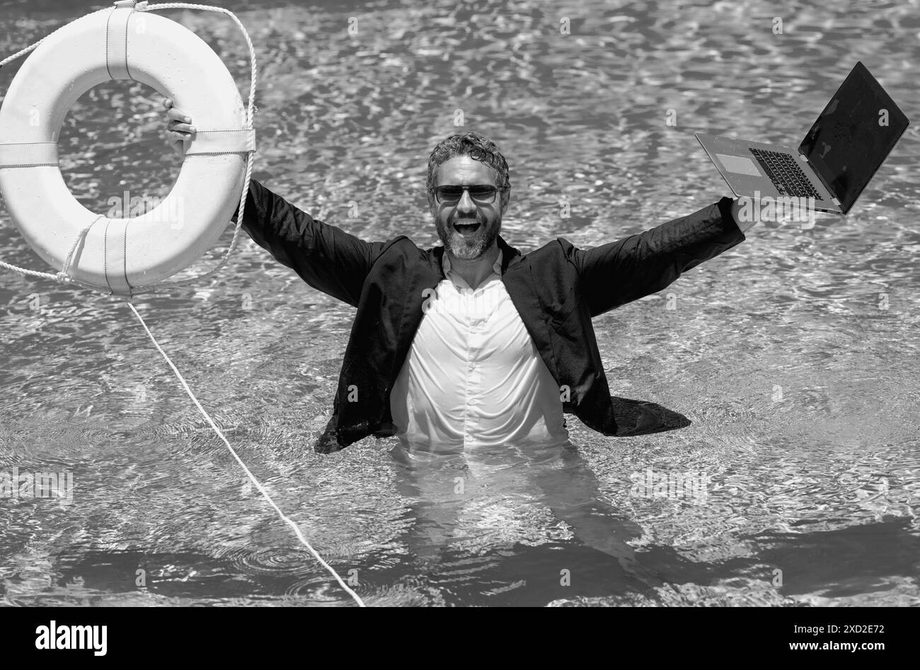 Businessman hold floating rescue buoy. Help businessman. Support and ...