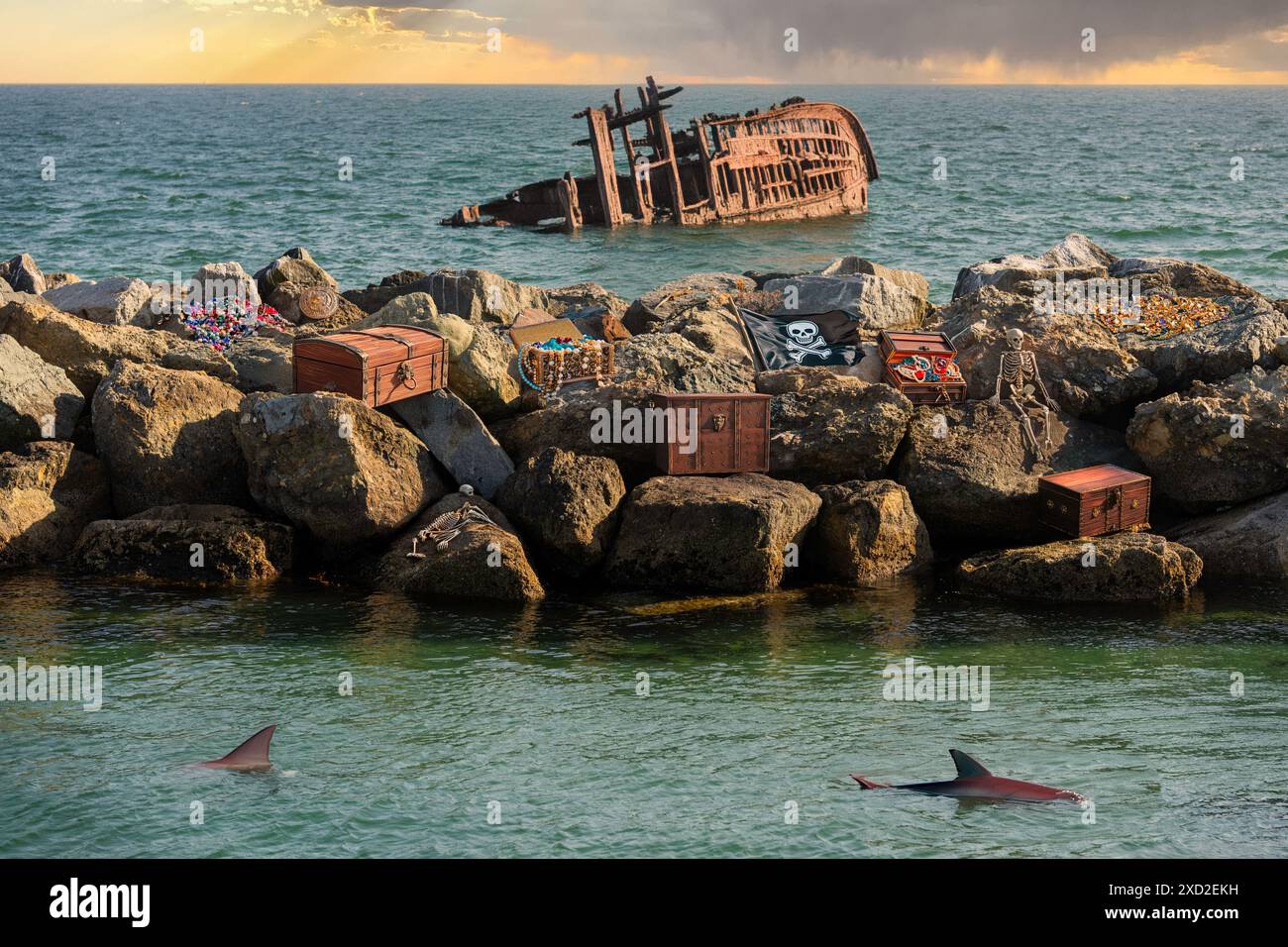 Pirate treasure shipwreck near rocky island sharks nearby landscape ...