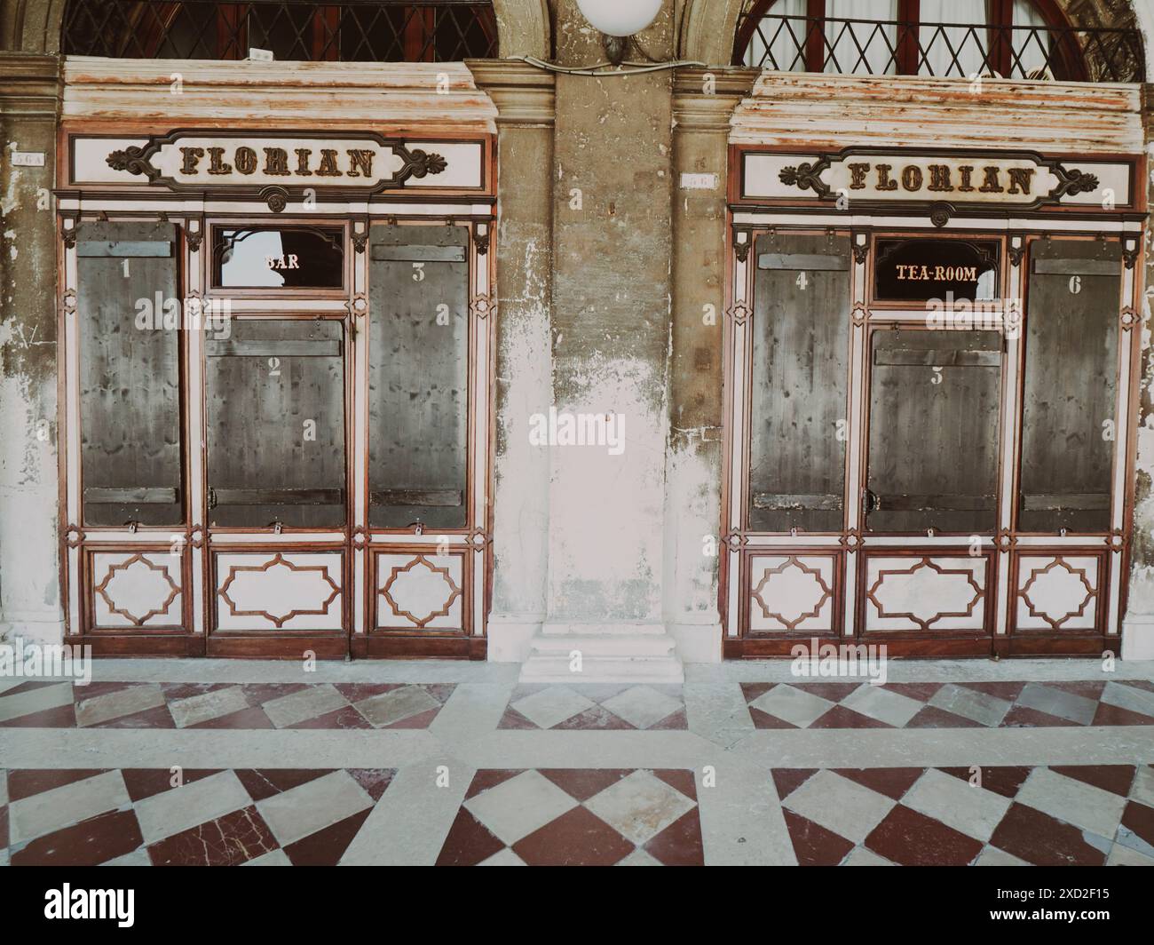 Venice, Italy - June 20th 2020 Closed Decaying famous Venetian Florian ...