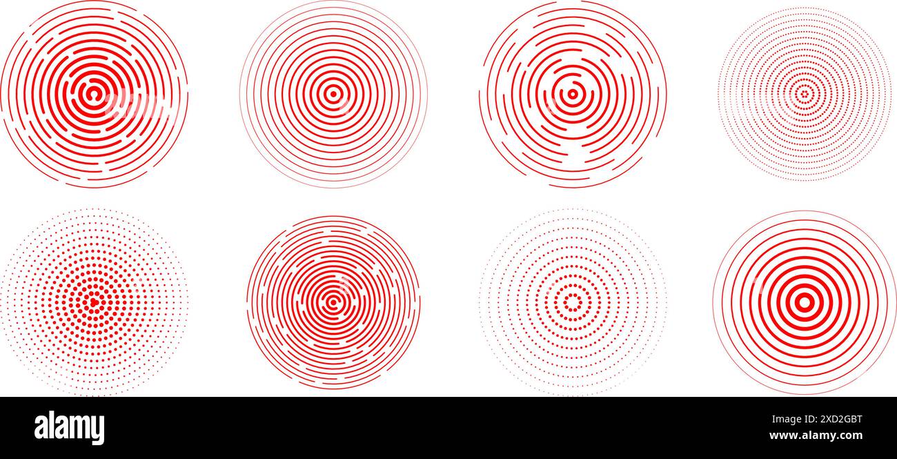 Red concentric circle set. Radial sonar or sound wave ring collection ...