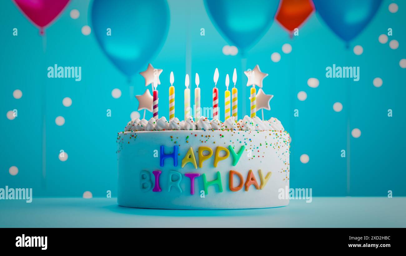happy birthday party cake backgrounds. 3d rendering Stock Photo - Alamy