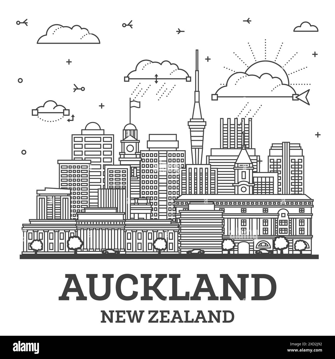Outline Auckland New Zealand city skyline with modern and historic ...