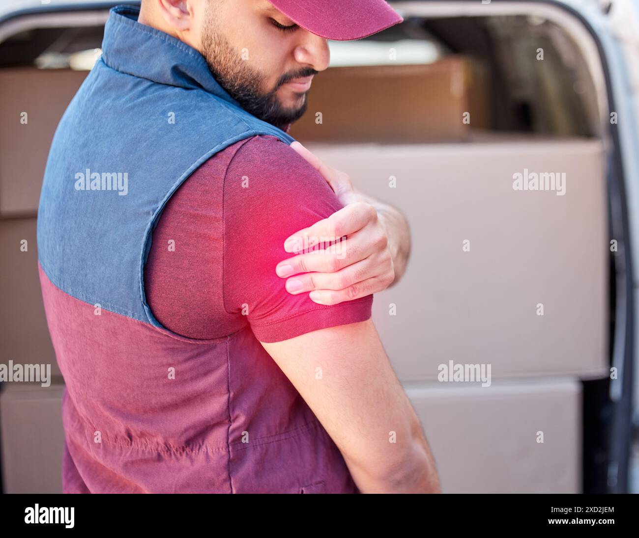Man, delivery and shoulder injury with cargo for pain, accident or ...