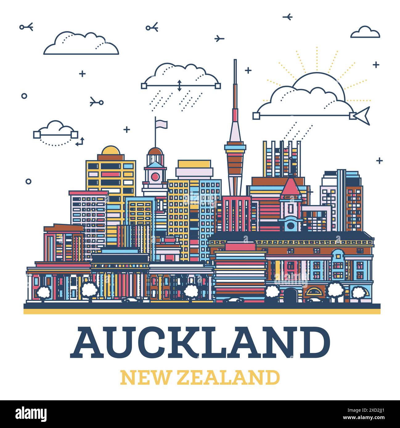 Outline Auckland New Zealand city skyline with colored modern and ...