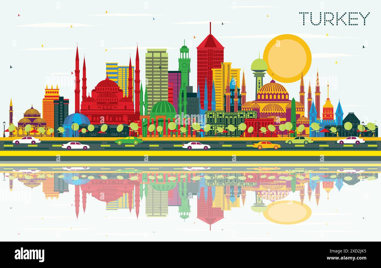 Turkey City Skyline with Color Buildings, Blue Sky and Reflections ...