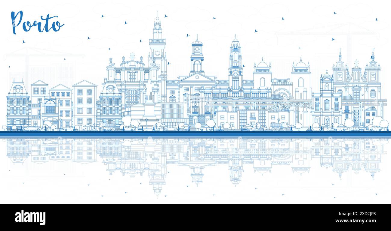 Outline Porto Portugal City Skyline with Blue Buildings and reflections ...