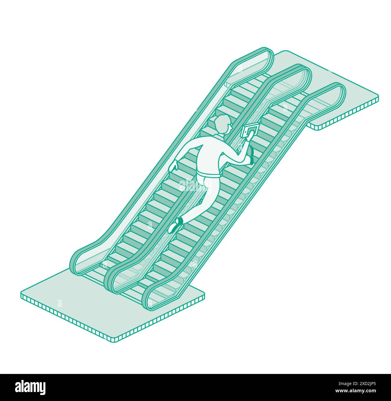 Man runs up an modern escalator. Vector illustration. Isometric outline ...
