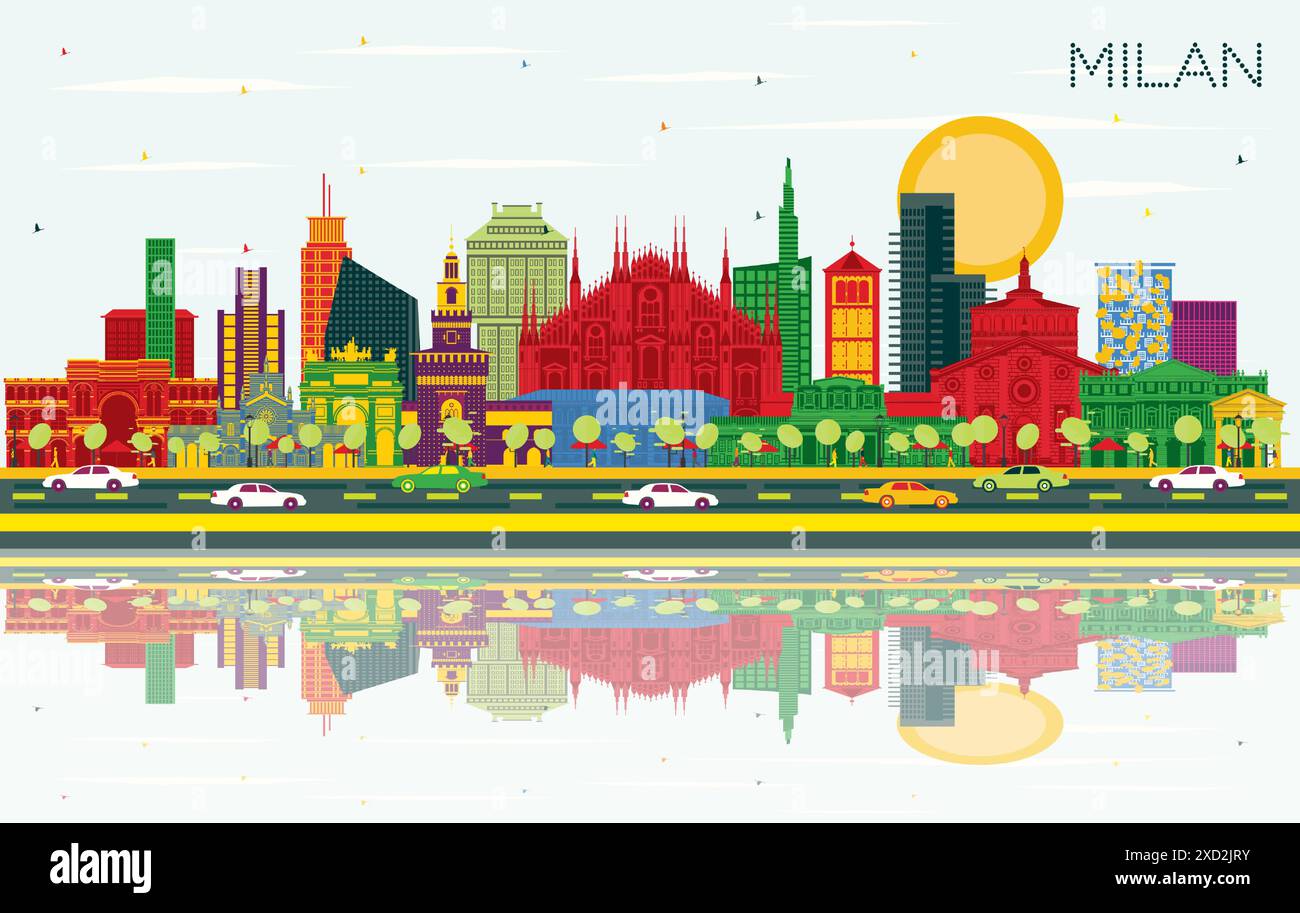 Milan Italy City Skyline with Color Buildings, Blue Sky and Reflections ...