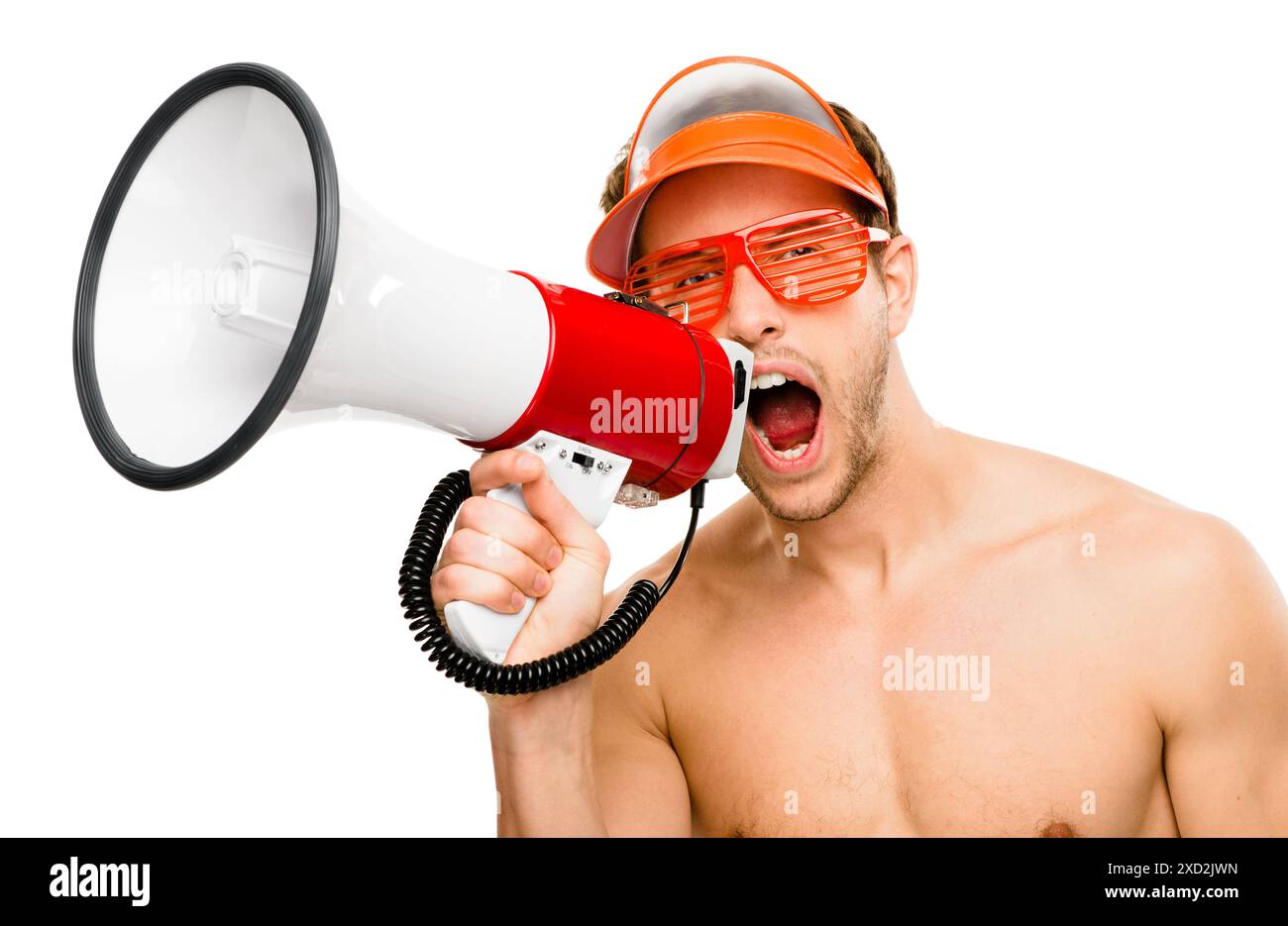 Megaphone, portrait and shouting with lifeguard man in studio isolated ...