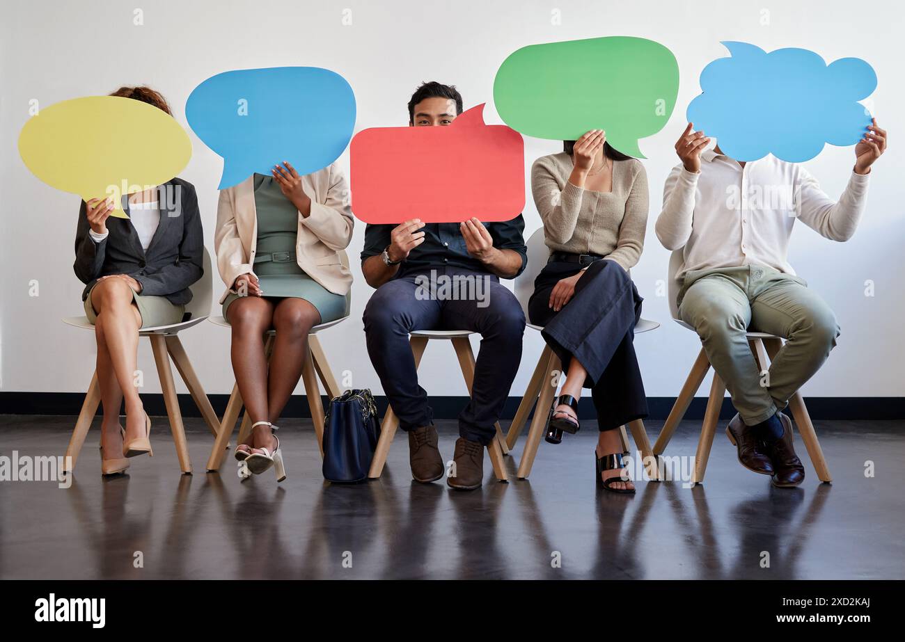 Recruitment, waiting and business people with speech bubble for job ...