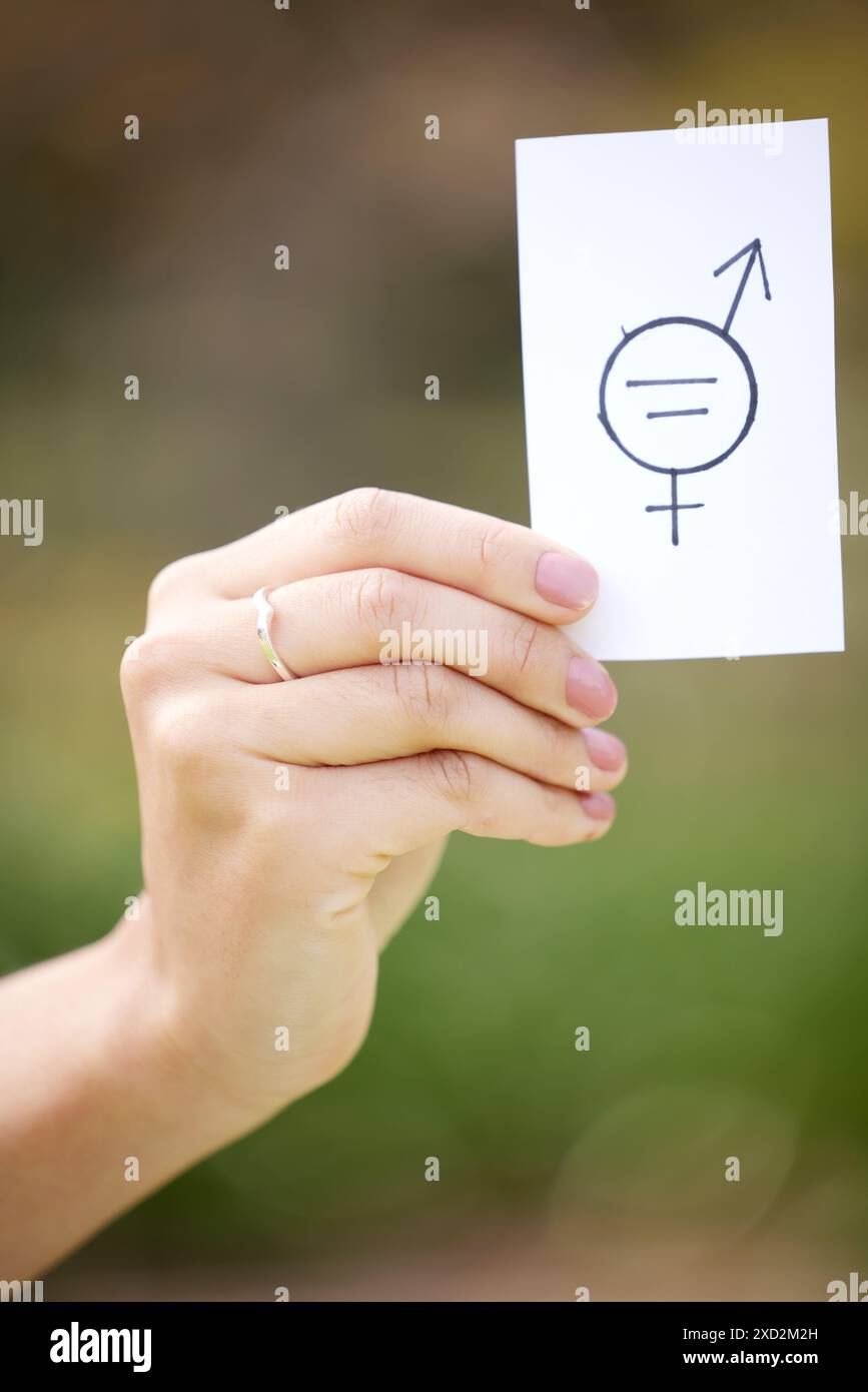 Icon, hand and person with card for gender equality, inclusion and ...