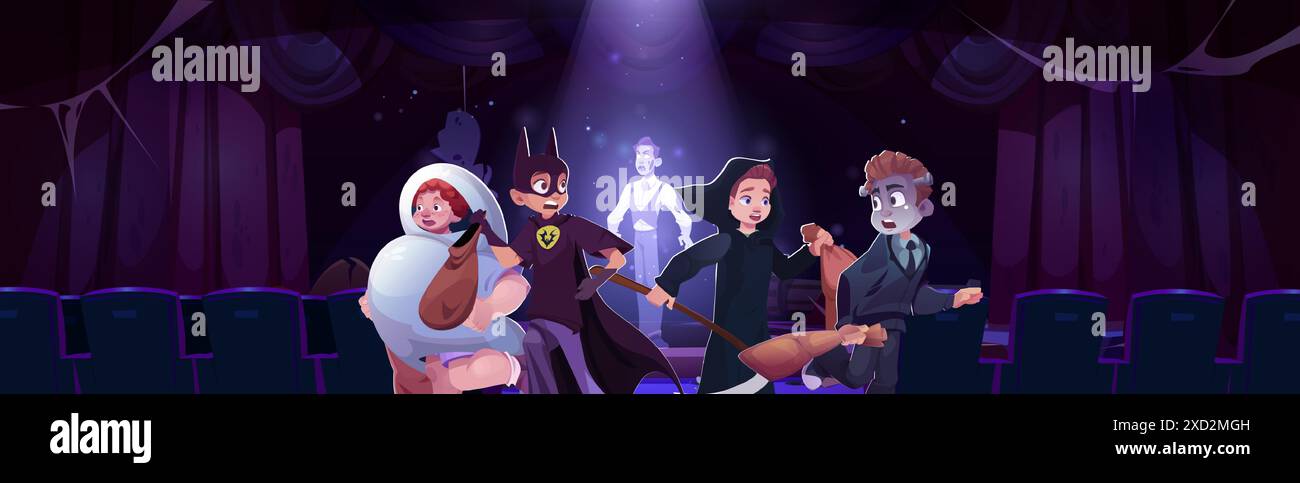 Children running from ghost man on theatre stage vector illustration ...