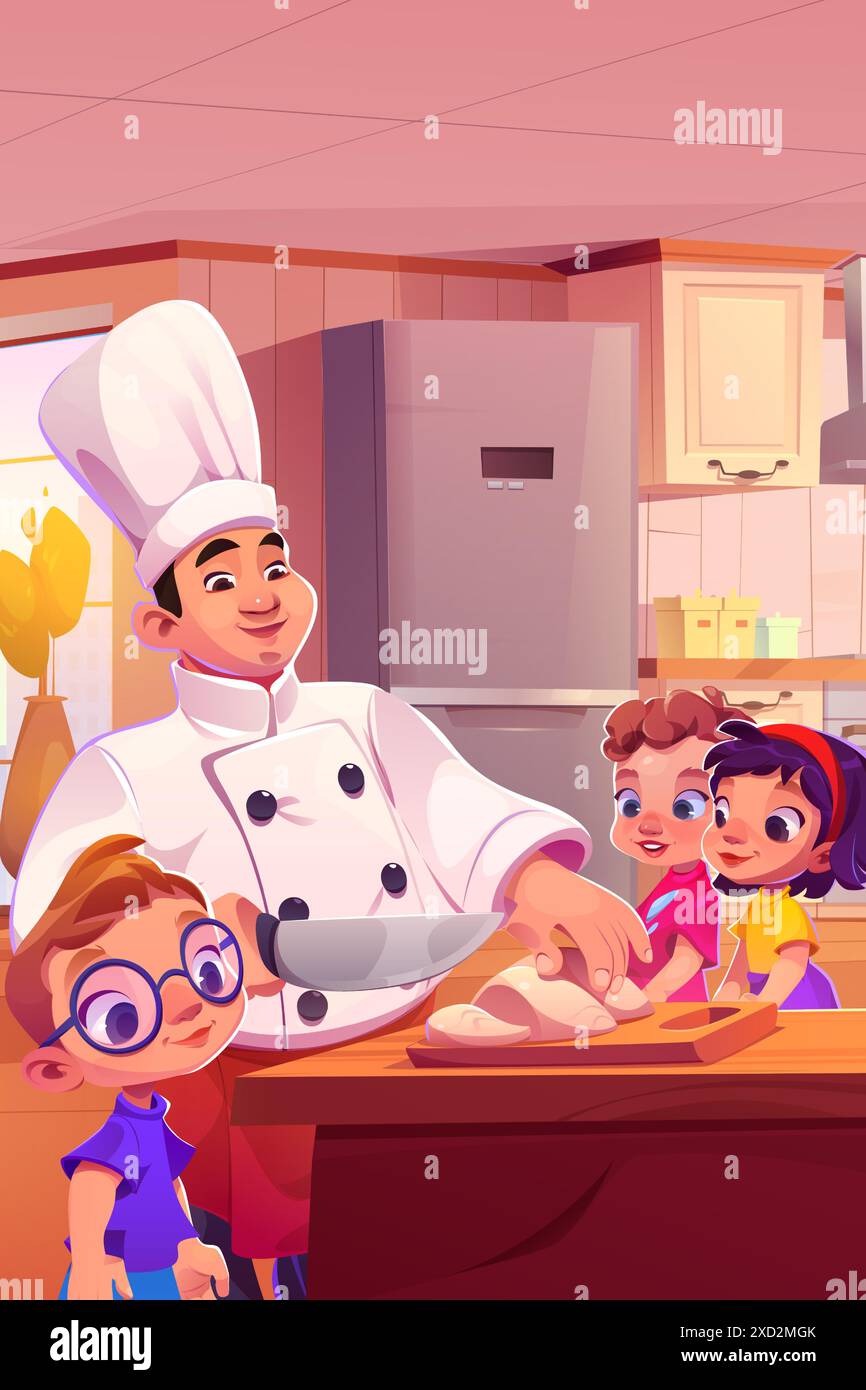 Chef character with knife cut food near kids vector illustration ...