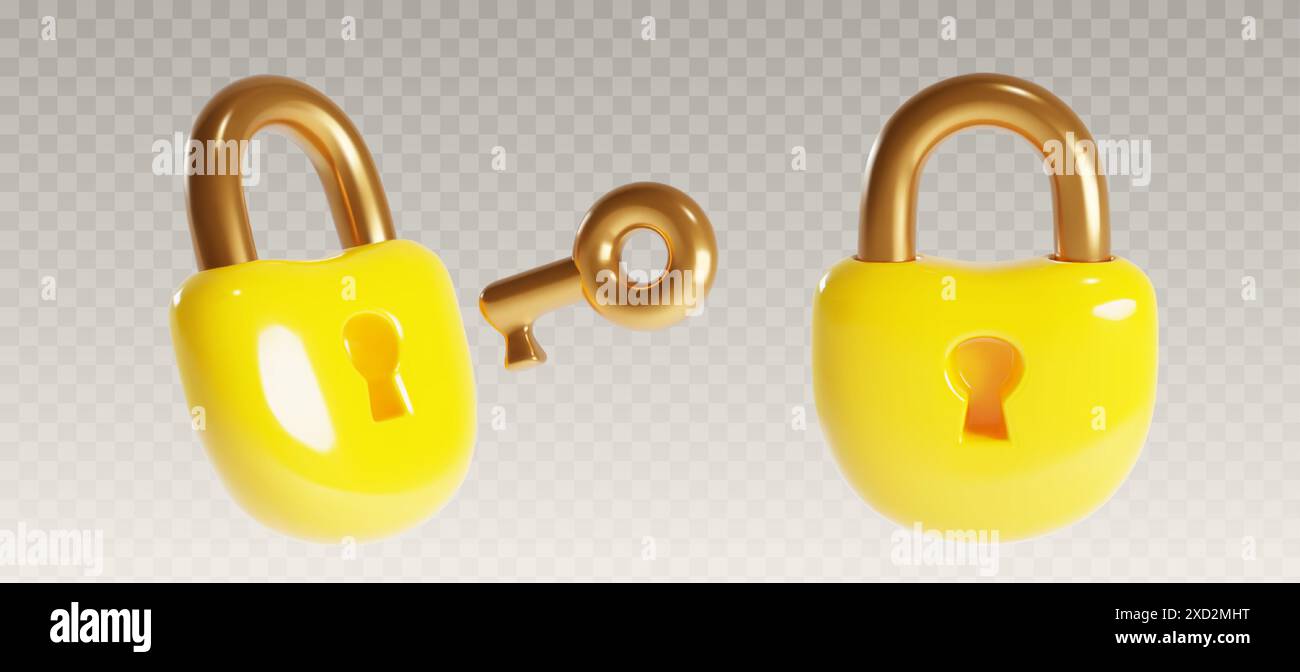 Yellow closed and unlock of pad lock box with golden key. Realistic 3d ...