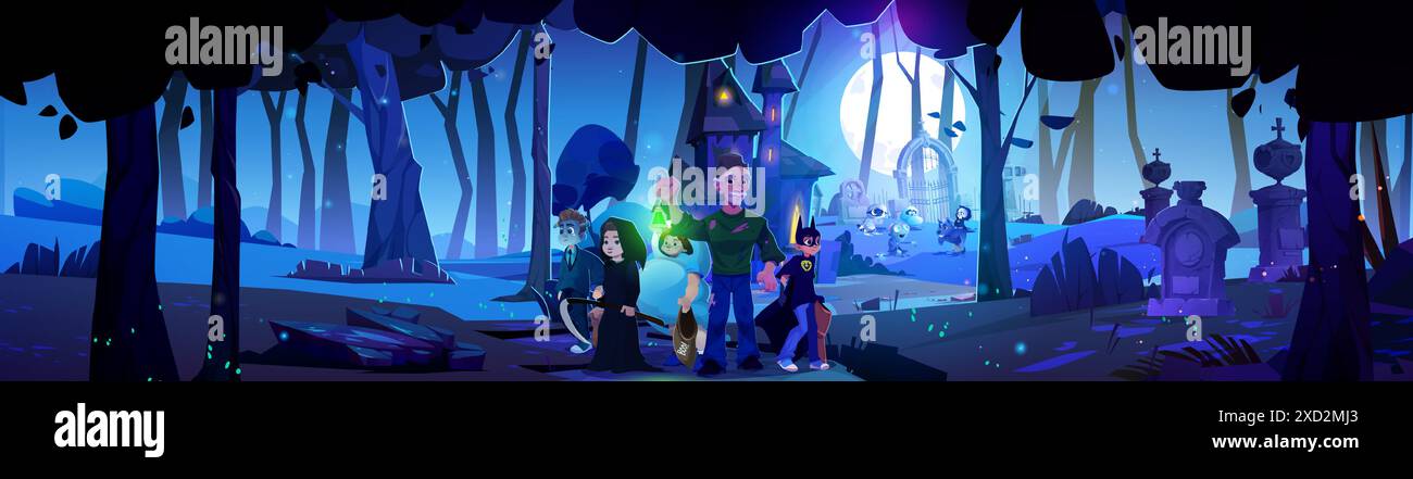 People character on Halloween at graveyard cartoon background. Night ...