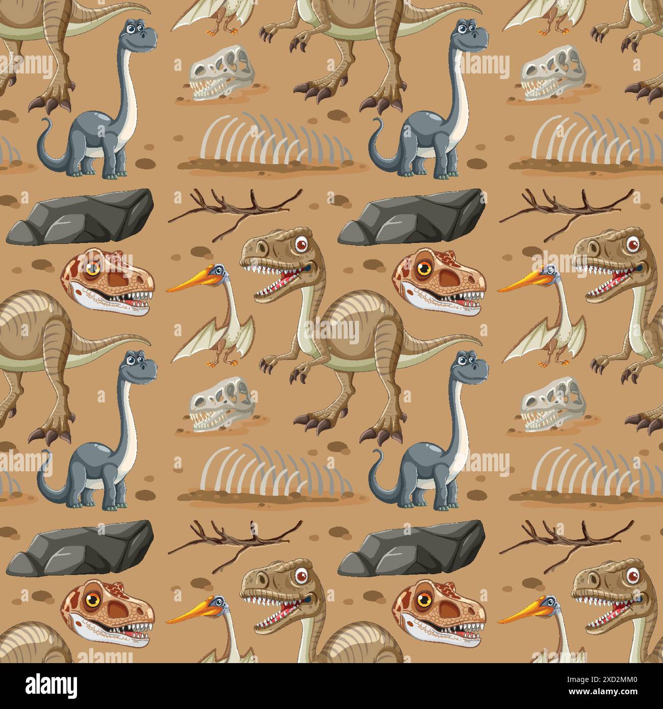 Colorful dinosaurs and fossils on a brown background Stock Vector Image ...
