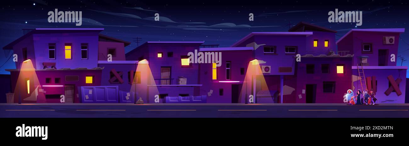 Children in Halloween costumes in abandoned town street. Vector cartoon ...