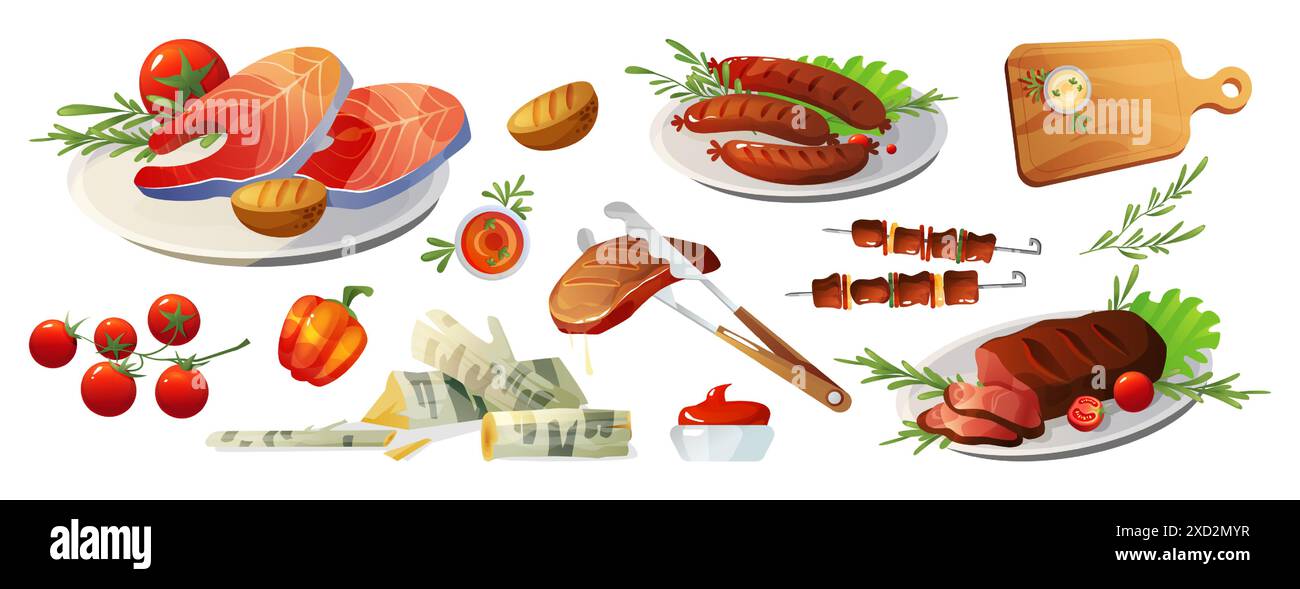 Bbq meat and fish collection. Cartoon vector illustration set of food ...