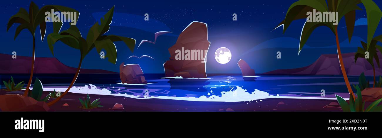 Night sea or ocean tropical lagoon with palm trees on sand beach. Dusk ...