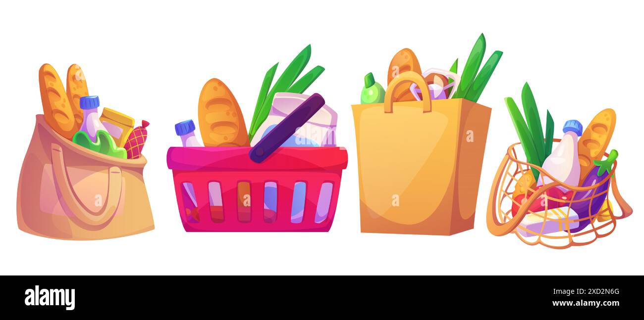Paper and cloth bag and plastic supermarket basket full of grocery ...