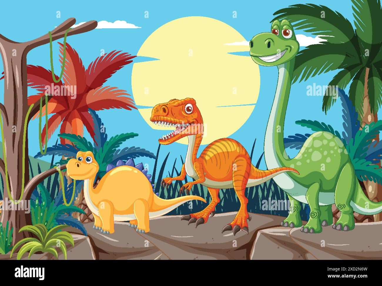 Three dinosaurs in a vibrant jungle setting Stock Vector Image & Art ...