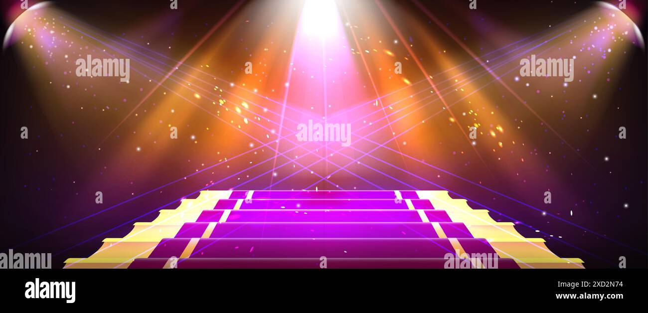 Concert stage stairs with spotlights and confetti. Vector realistic ...