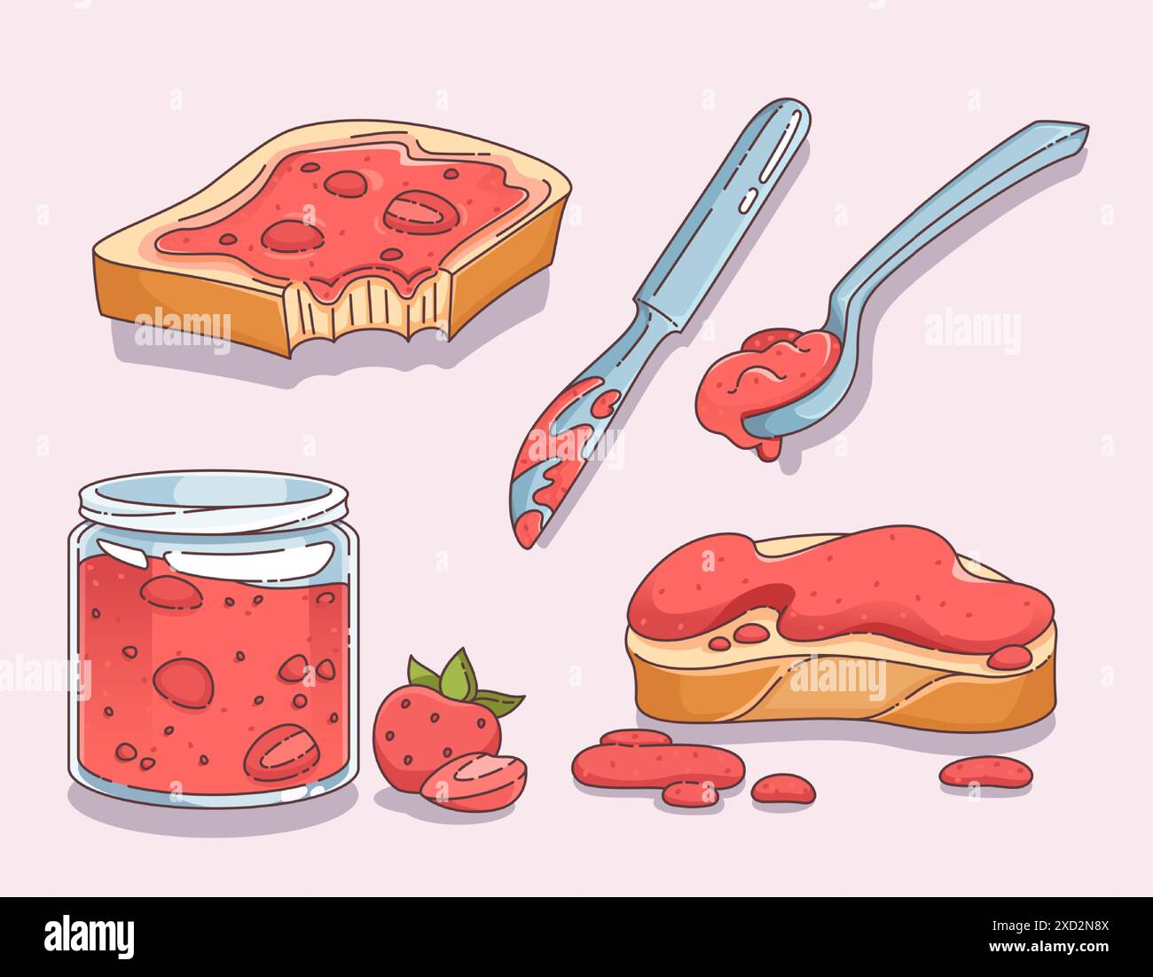 Bread toast with spread strawberry jam, knife and spoon, marmalade in ...