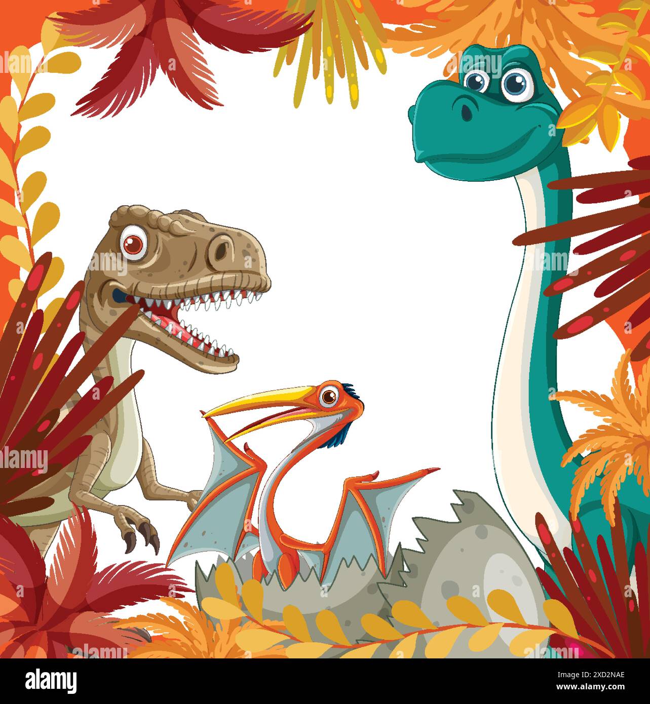 Colorful dinosaurs surrounded by vibrant jungle foliage Stock Vector ...