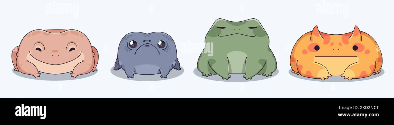 Cute frog character sitting on floor. Different types and colors of ...