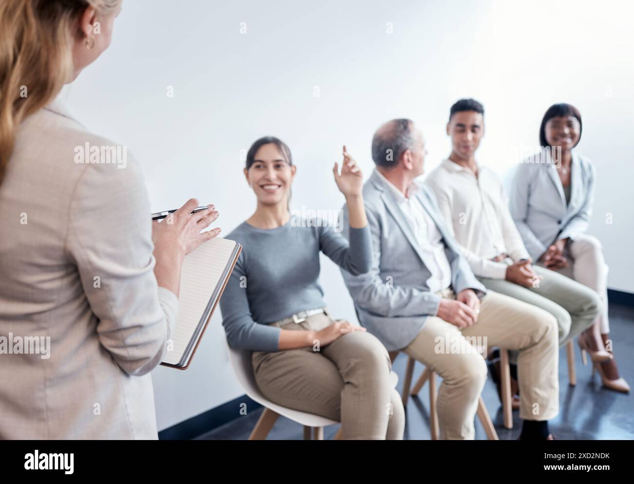 Business, people and interview waiting room with recruiter, employee ...