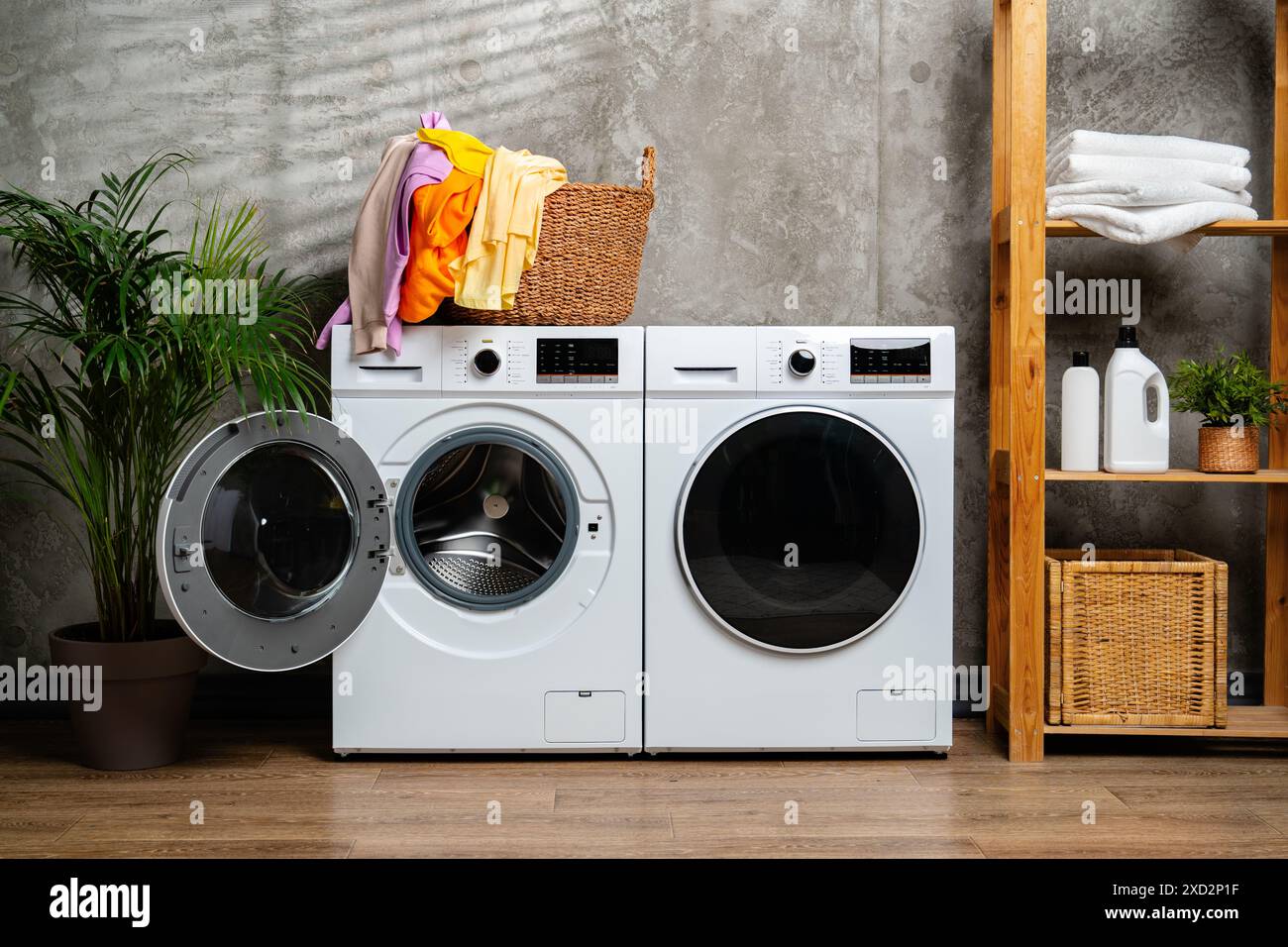 Modern White Washing Machines in Laundry Room With Open Door Stock ...