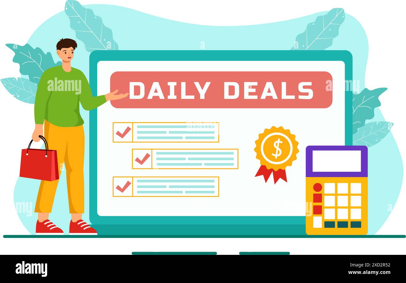Daily Deals Vector Illustration Featuring Shopping Goods And Hunting For Discounts Set Against A