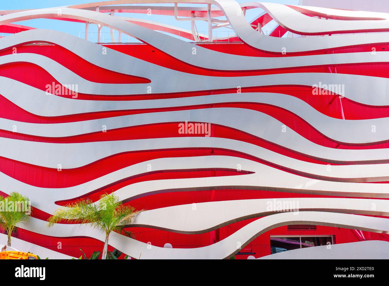 Los Angeles, California - April 4, 2024: Red and silver ribbon-like ...