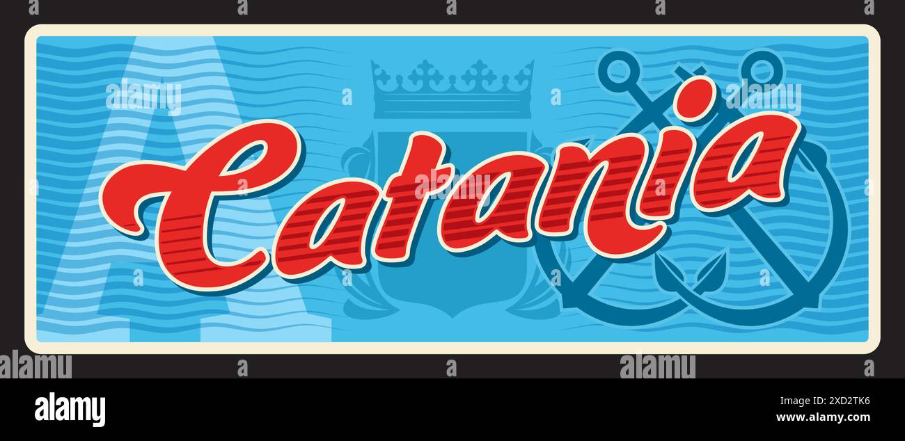 Catania retro travel plate, tourist destination. Italian city tin sign ...