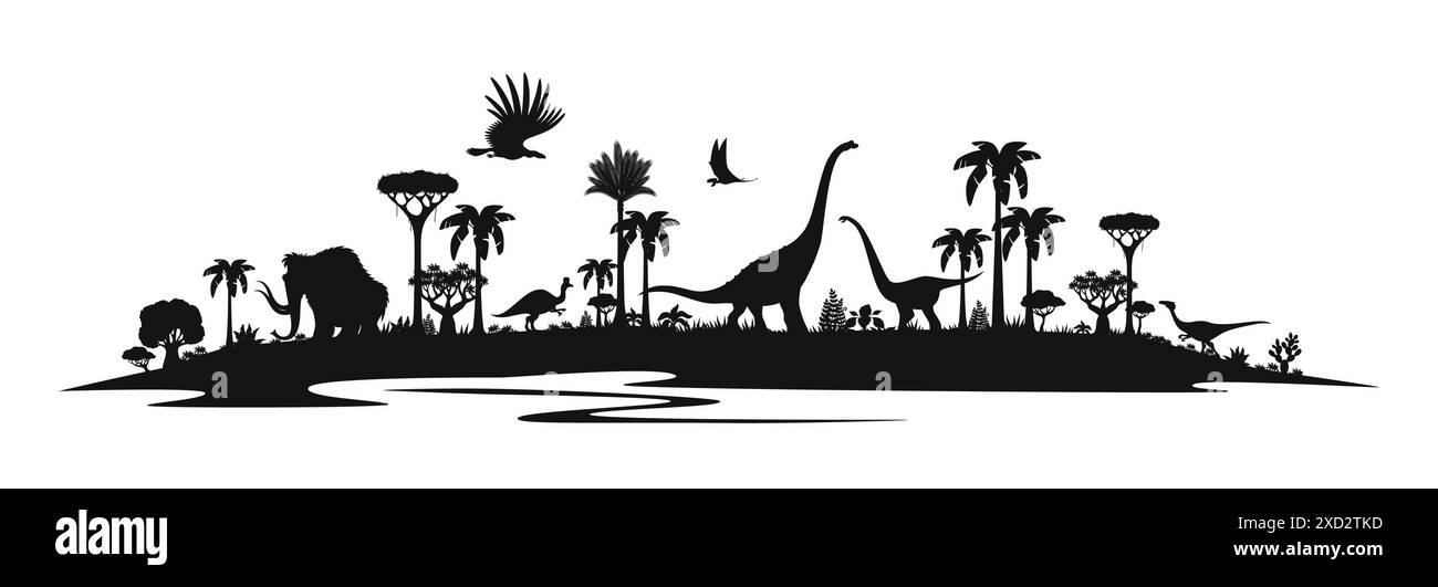 Prehistoric dinosaur silhouettes, black vector Jurassic era landscape ...
