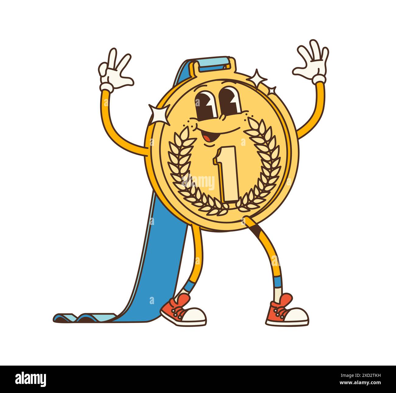 Retro groovy golden medal character. Isolated cartoon vector happy gold ...