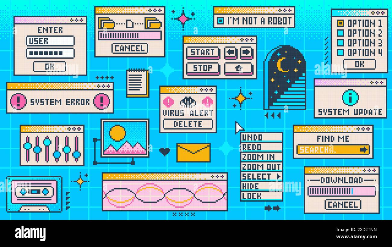 Retro computer window y2k page interface. Vector rave blue pc desktop with virus alert message ...