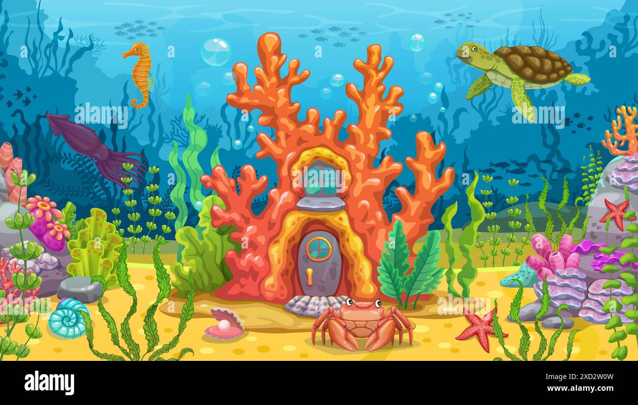 Underwater game landscape with coral reef house. Cartoon vector fantasy ...