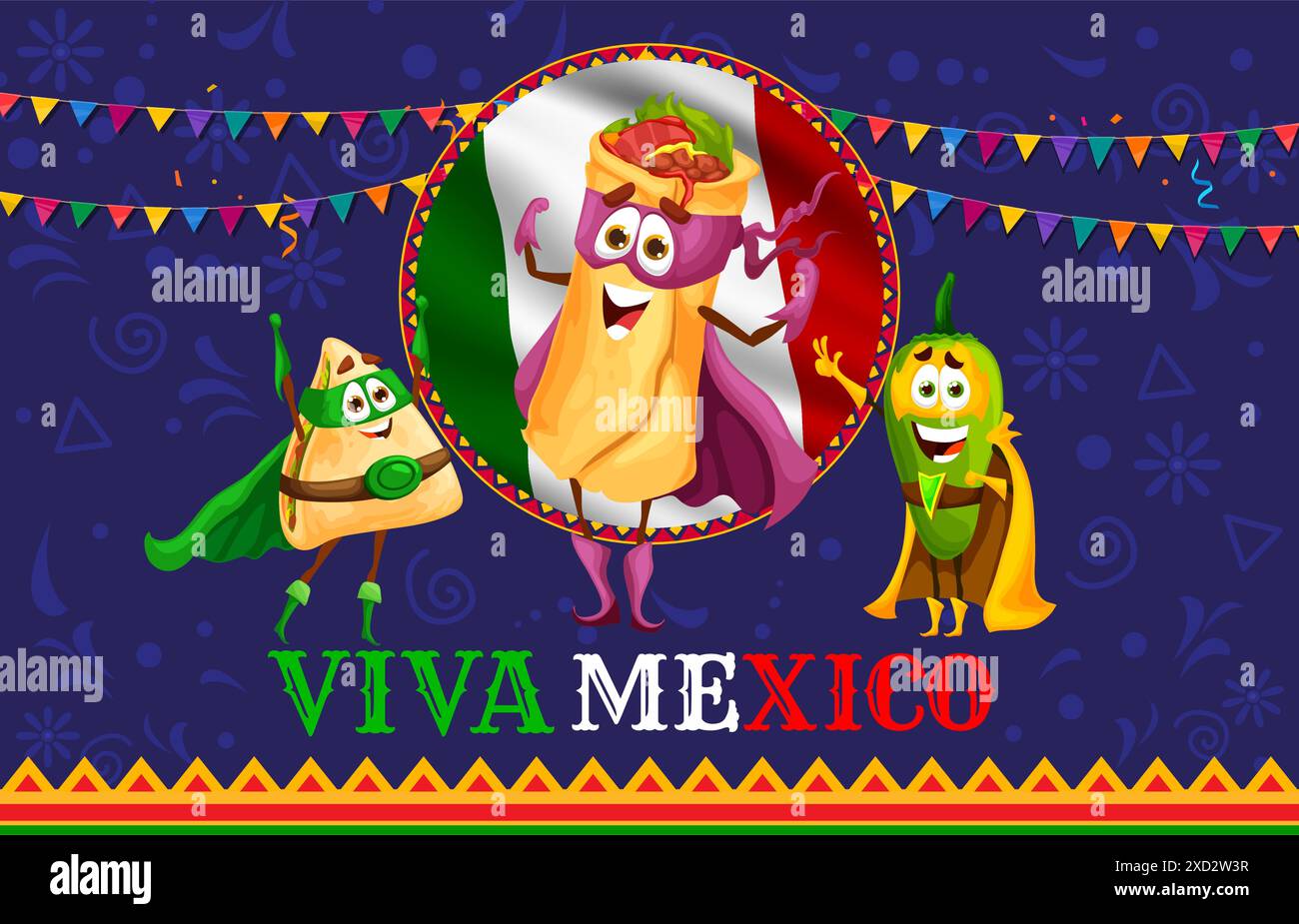 Viva Mexico banner, cartoon Tex Mex or Mexican cuisine characters with ...