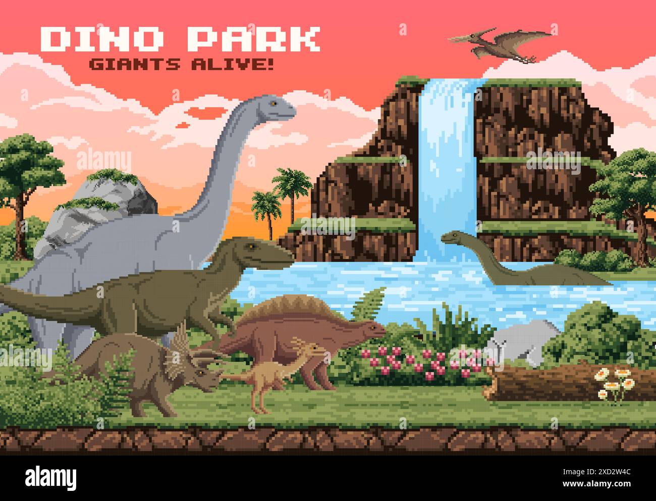 8 bit pixel art dinosaurs, arcade game landscape. Vector dino park with ...