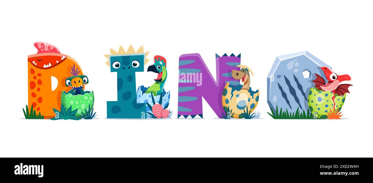 Dino kids, cartoon vector vibrant baby dinosaurs hatching from eggs with colorful and playful ...